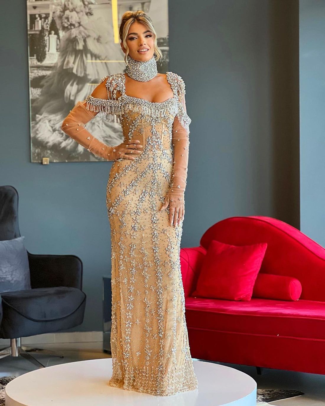 Crystal Embellished Silver Gown – Dona Matoshi